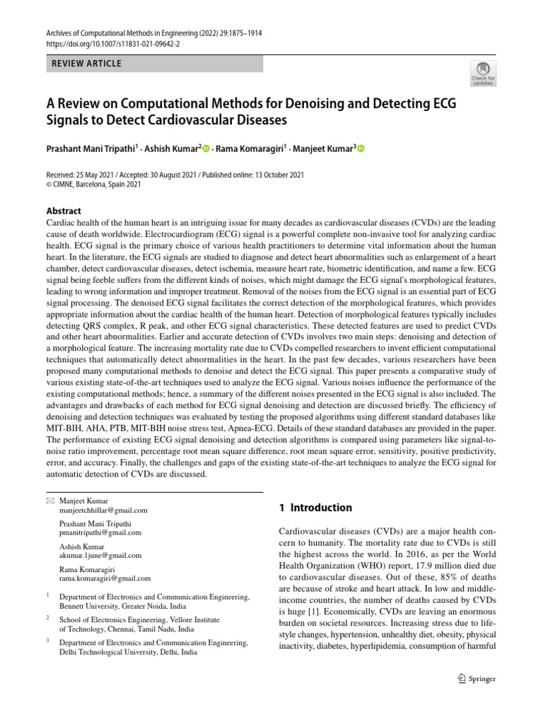A Review On Computational Methods For Denoising and Detecting ECG Signals To Detect ...