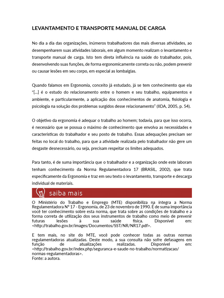 Unidade 2 - LEVANTAMENTO E TRANSPORTE MANUAL DE CARGA | PDF | Fatores humanos e Ergonomia | Músculo