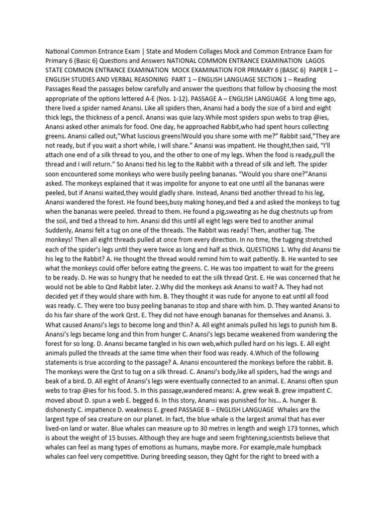 National Common Entrance Exam | PDF | Whales | Anansi