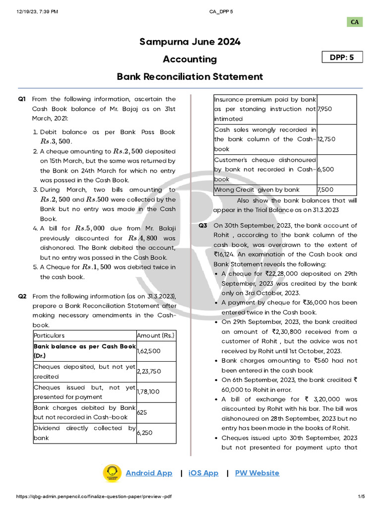 Bank Reconciliation Statement - DPP 05 (Accounting) | PDF | Cheque | Banks