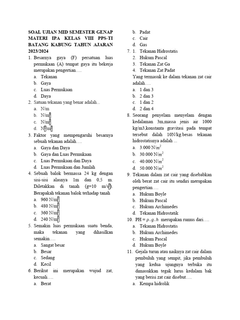 Soal Ujian Mid Ipa Kelas Viii Genap | PDF | Sains & Matematika | Dewasa Muda
