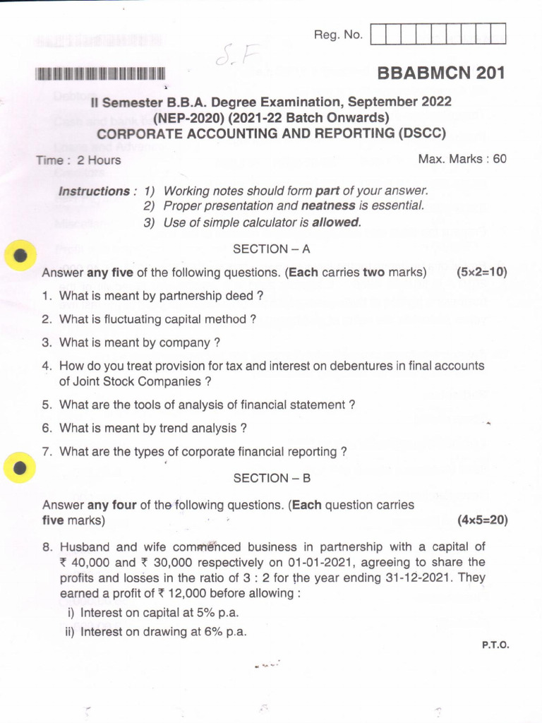 BBA II Semester Corporate Accounting and Reporting NEP September 2022 | PDF