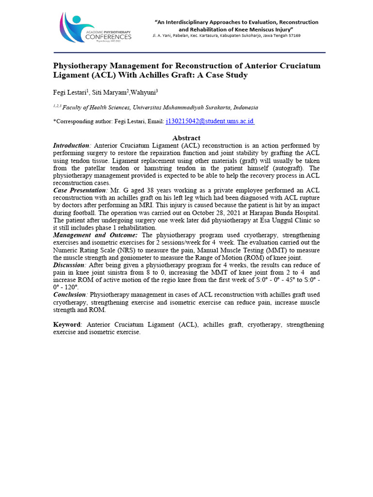 Physiotherapy Management For Reconstruction of Anterior Cruciatum Ligament (ACL) With Achilles ...