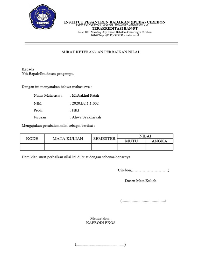 Surat Perbaikan Nilai Mahasiswa | PDF