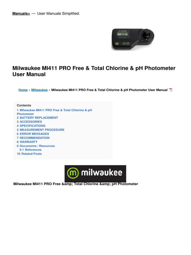 Mi411 Pro Free Total Chlorine PH Photometer Manual | PDF | Ph | Waste