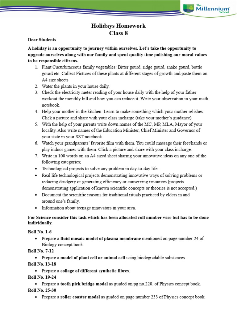 Holidays Homework Class 8 | PDF | Home & Garden | Wellness