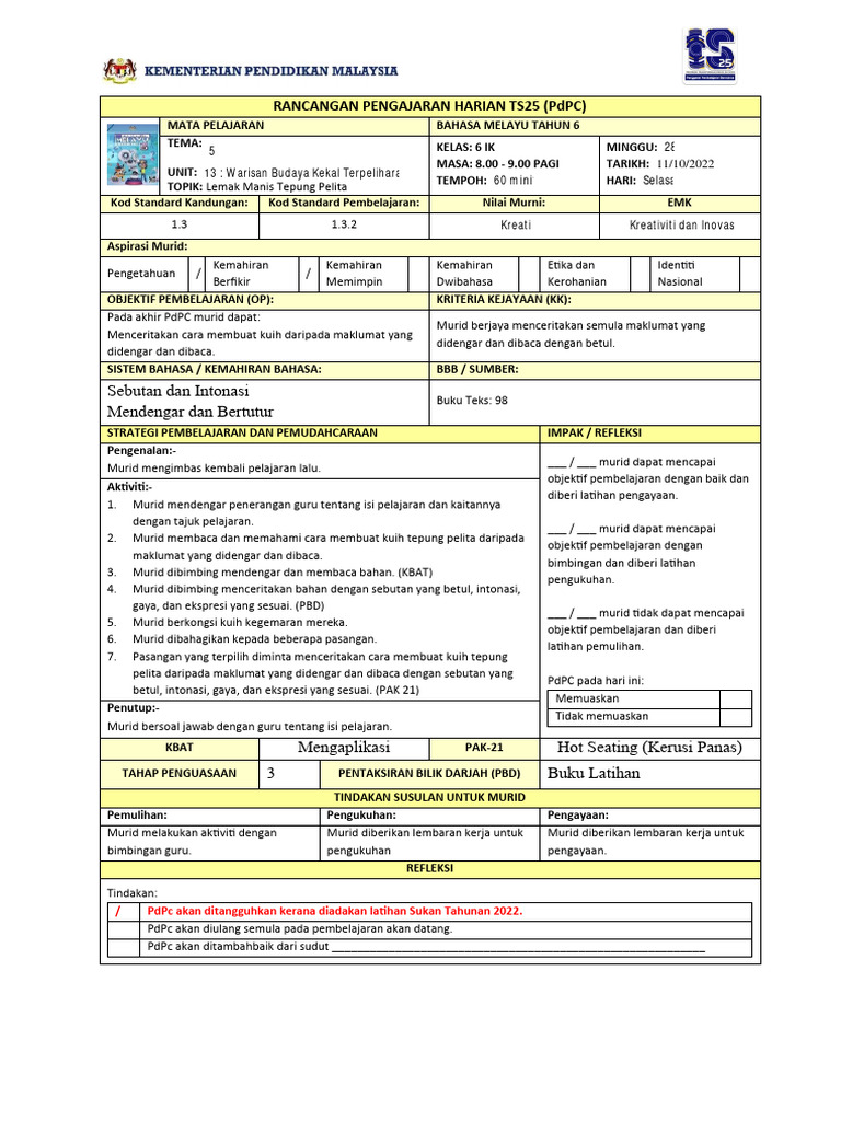 Sebutan Dan Intonasi Mendengar Dan Bertutur: Rancangan Pengajaran Harian Ts25 (PDPC) | PDF