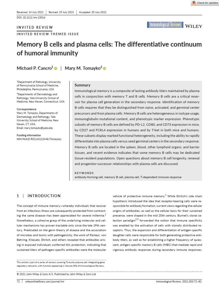 CANCRO e TOMAYKO 2021 - Memory B Cells and Plasma Cells The Differentiative Continuum of Humoral ...