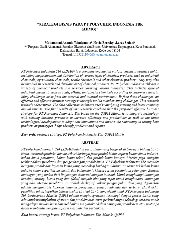 STRATEGI BISNIS PADA PT POLYCHEM INDONESIA TBK Kelompok A | PDF | Karier & Perkembangan | Bisnis