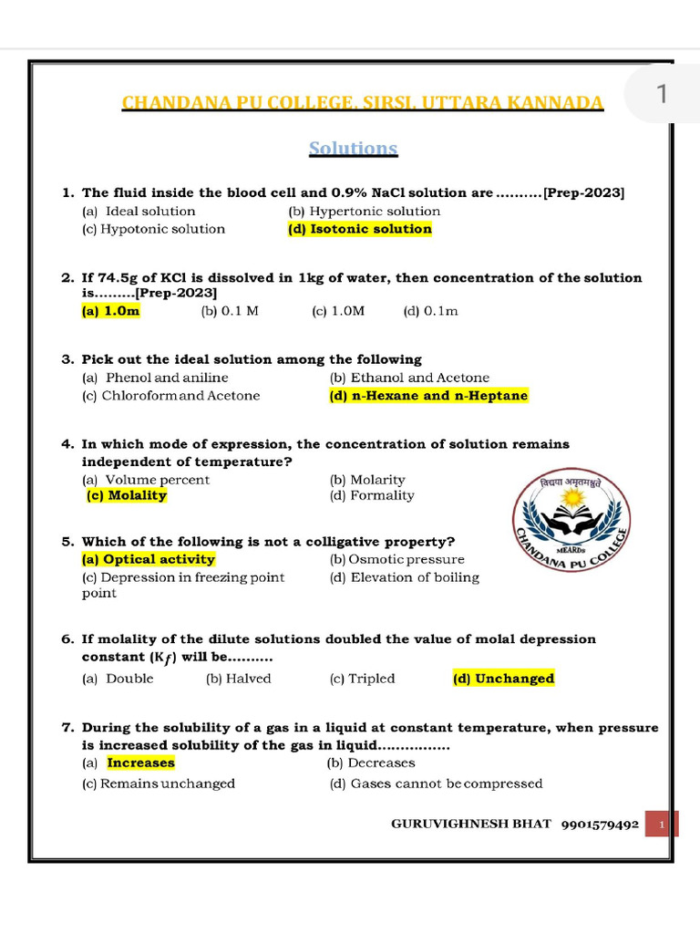 Solutions MCQs | PDF