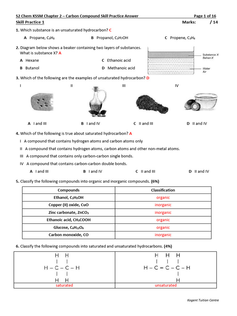 KSSM Chapter 2 - Carbon Compounds Skill Practice Answer | PDF | Ester | Alkene