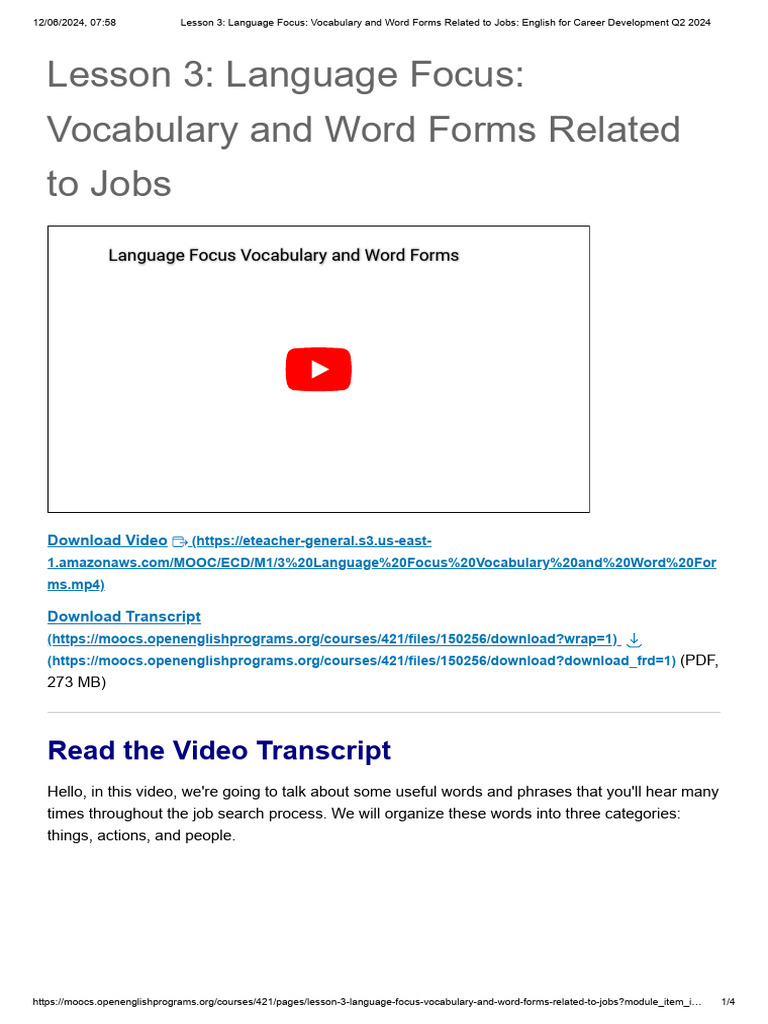 Lesson 3 - Language Focus - Vocabulary and Word Forms Related To Jobs ...