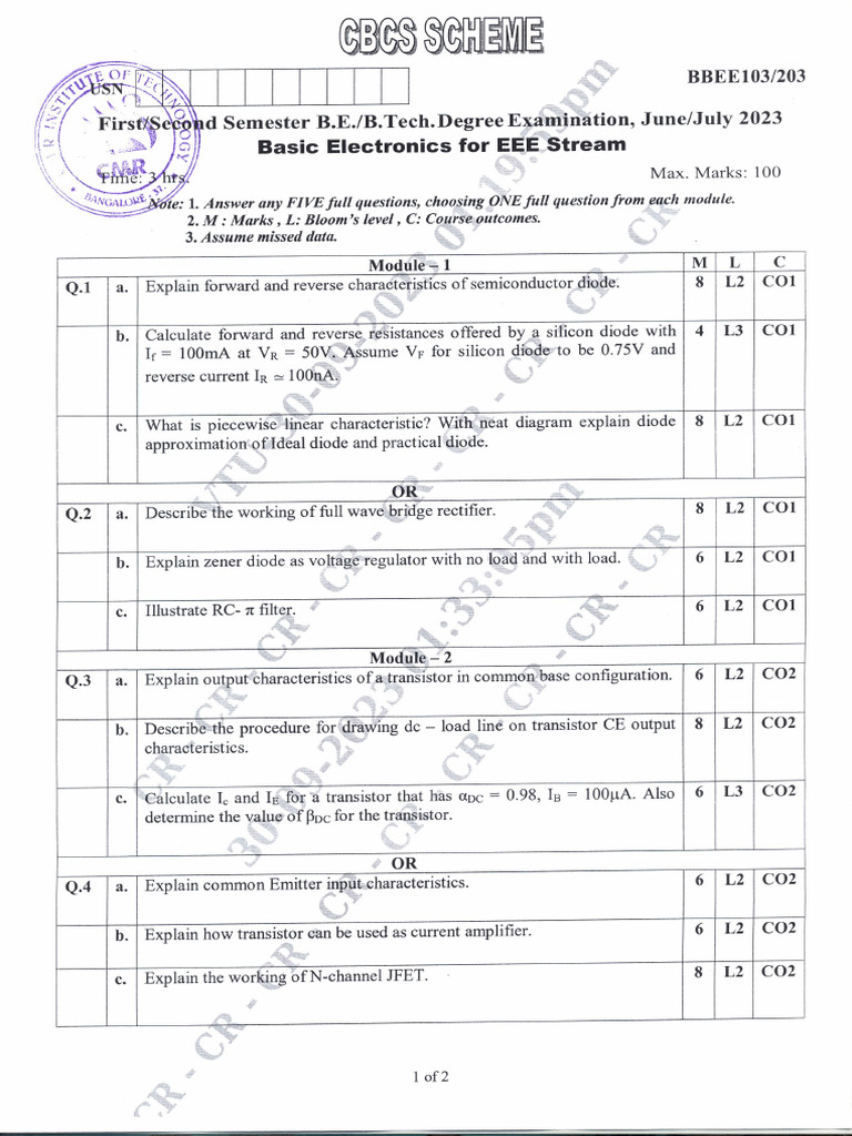 VTU Question Paper of BBEE203 Basic Electronics For EEE Stream June ...