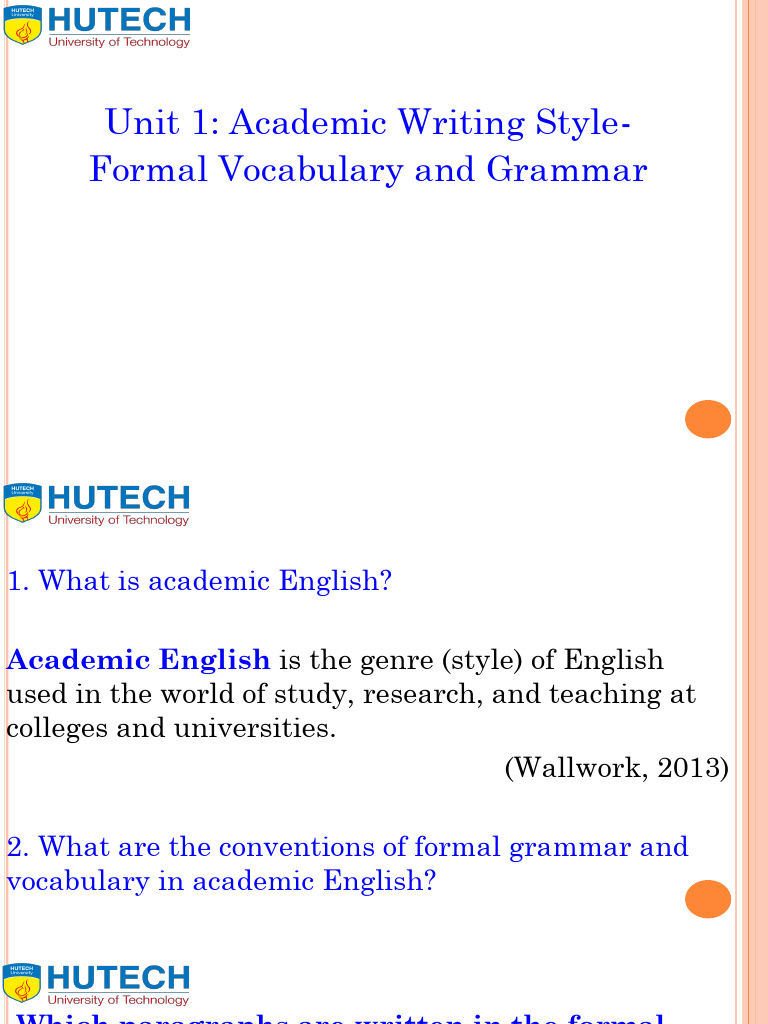 Unit 1-Academic Style-Formal Vocabulary and Grammar | PDF | English ...