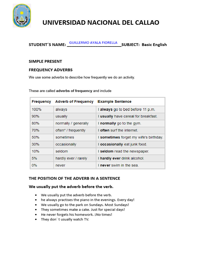 Simple Present Frequency Adverbs Guillermo Ayala Fiorella PDF