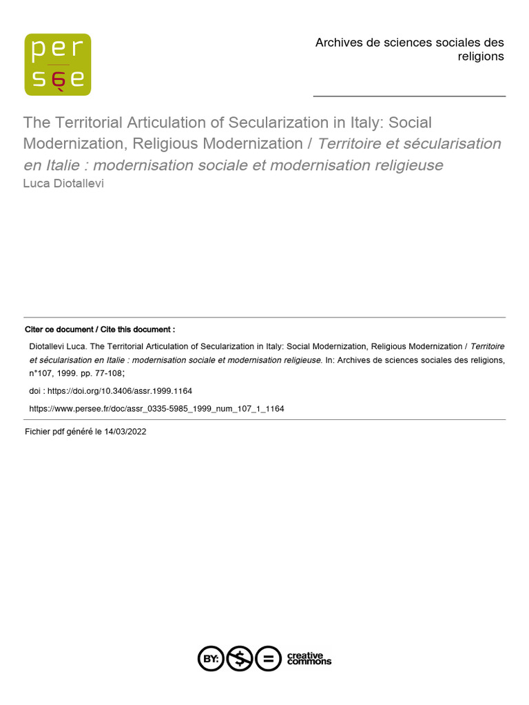 The Territorial Articulation of Secularization in Italy Social Modernization Religious ...