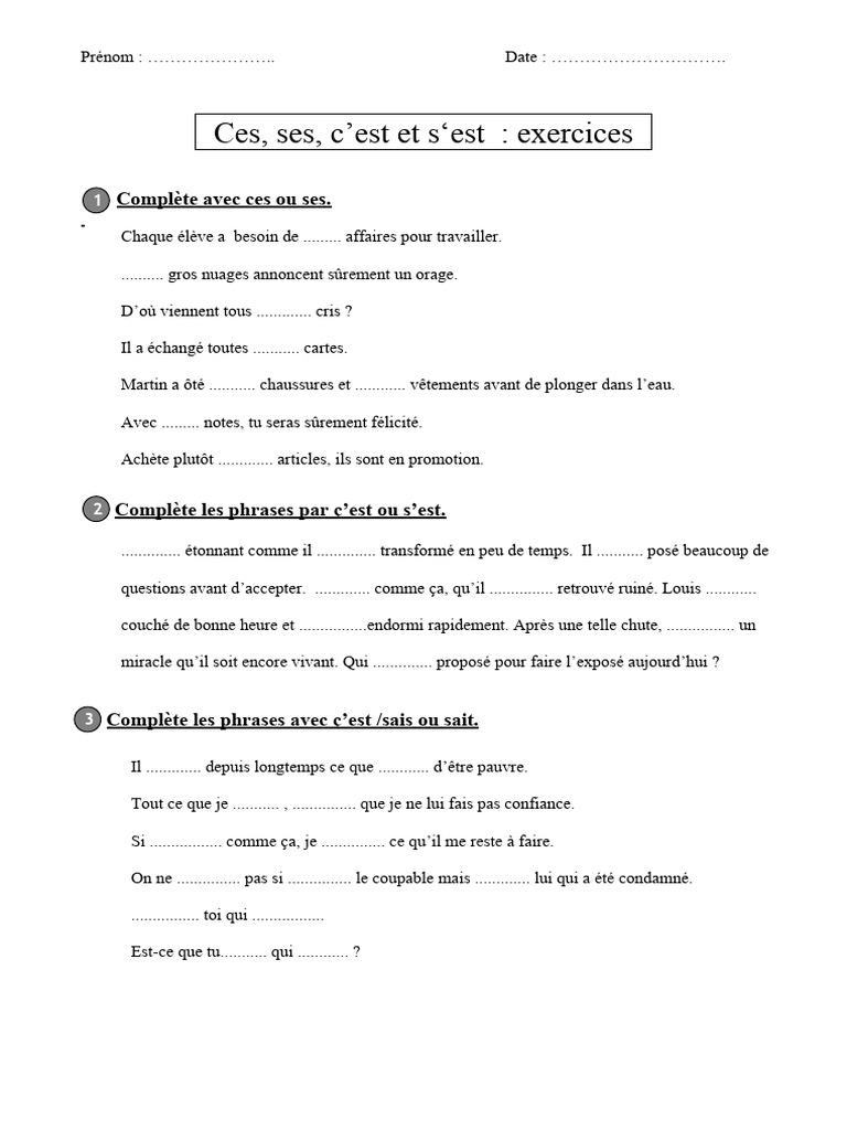 Exercices sur ces, ses, c'est, s'est | PDF