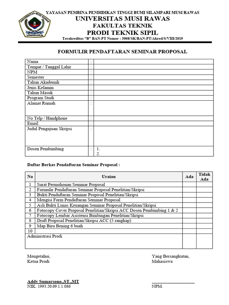 Form Pendaftaran Seminar Proposal Ok | PDF | Karier & Perkembangan