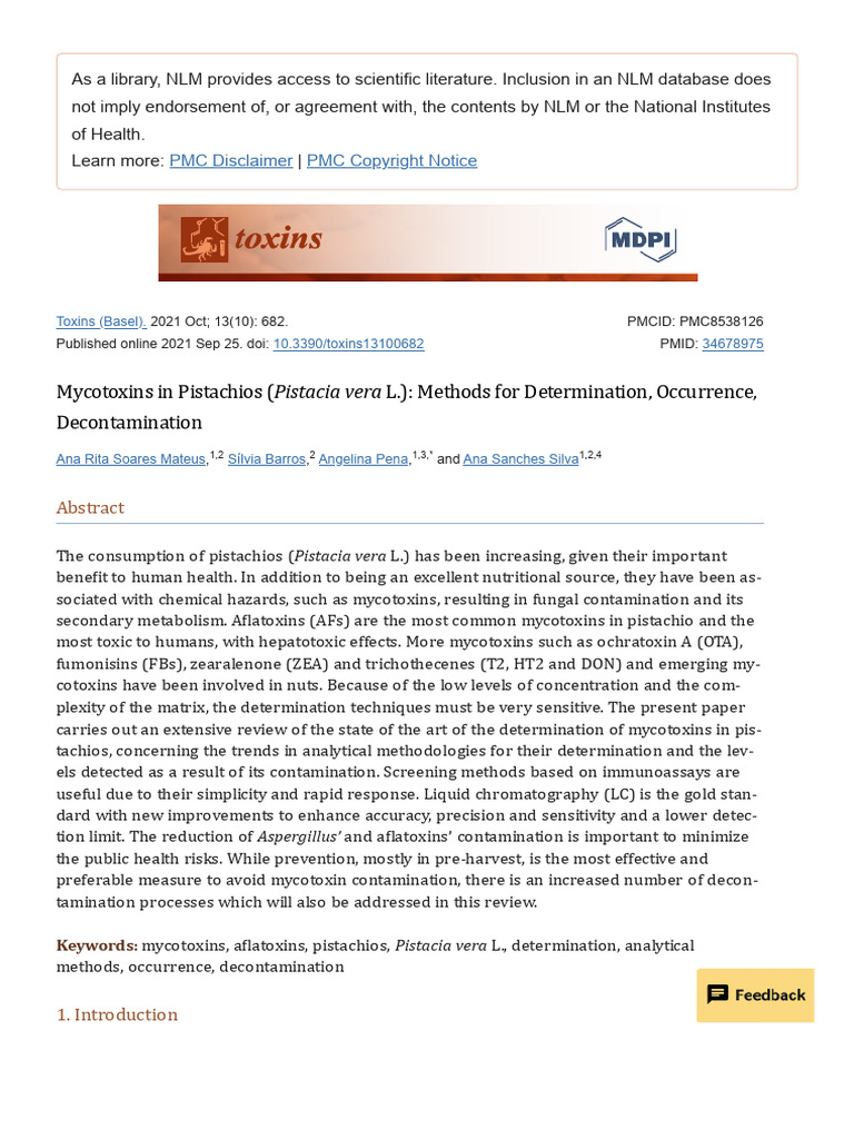 Mycotoxins In Pistachios Pistacia Vera L Methods For Determination Occurrence