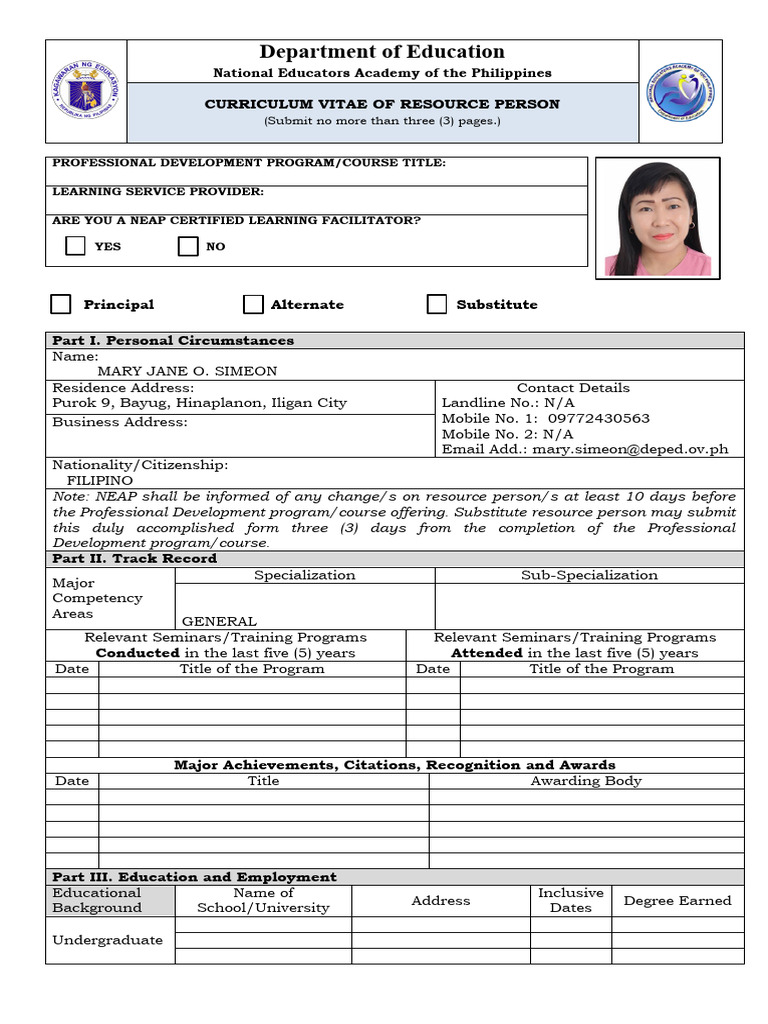 NEAP CV For Resource Speakers | PDF | Career & Growth