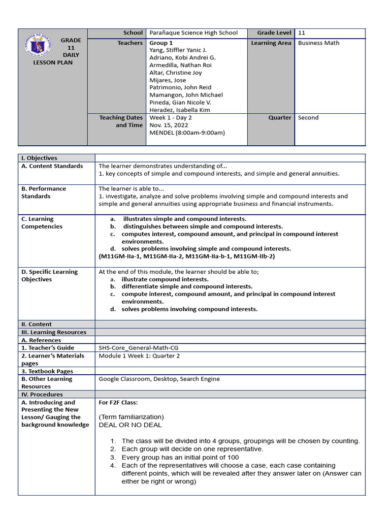 DLP - Module 1 - Week1 - Q2 - Day 2 - Group 1 | PDF | Interest | Compound Interest