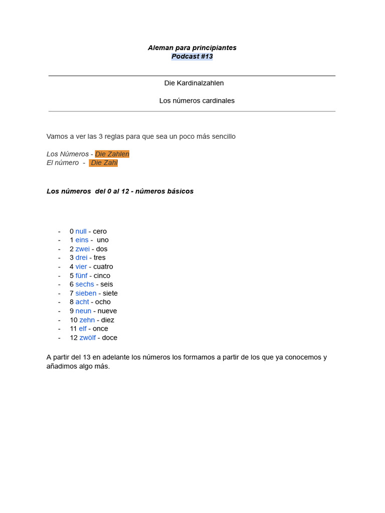 #013 Los Numeros Cardinales Die Kardinalzahlen | PDF | Métodos y ...