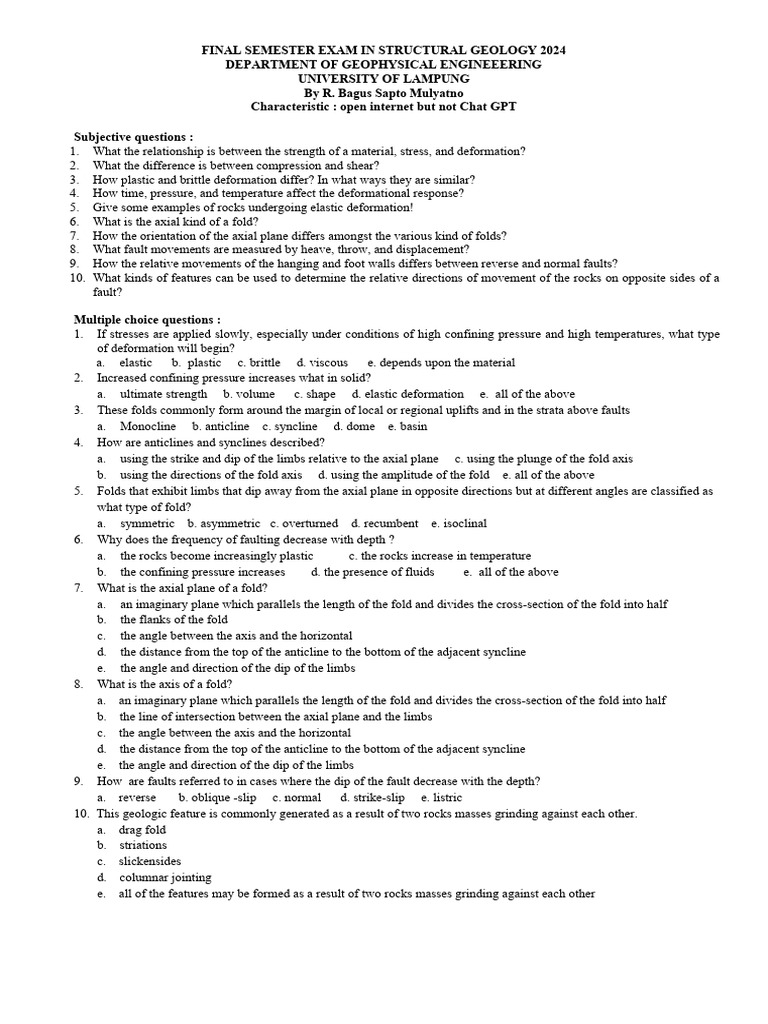 Structural Geology Exam Questions 2024 | PDF | Fault (Geology ...