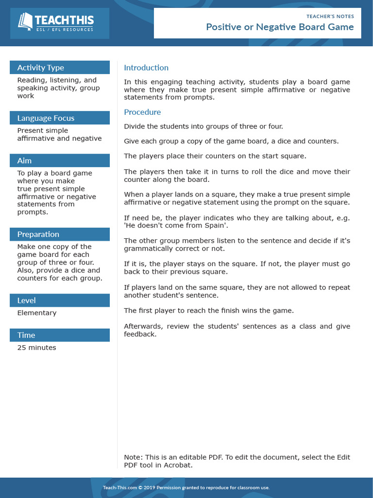 Positive or Negative Board Game | PDF | English As A Second Or Foreign ...