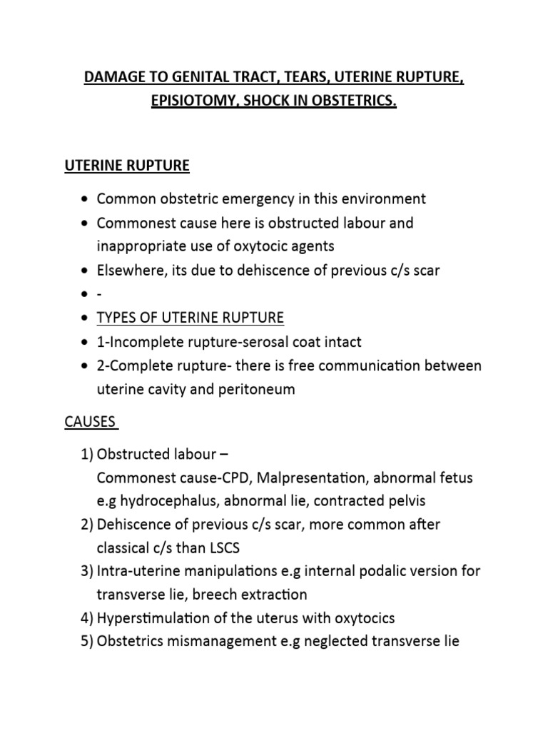 Damage To Genital Tract, Tears, Uterine Rupture, Episiotomy, Shock in ...