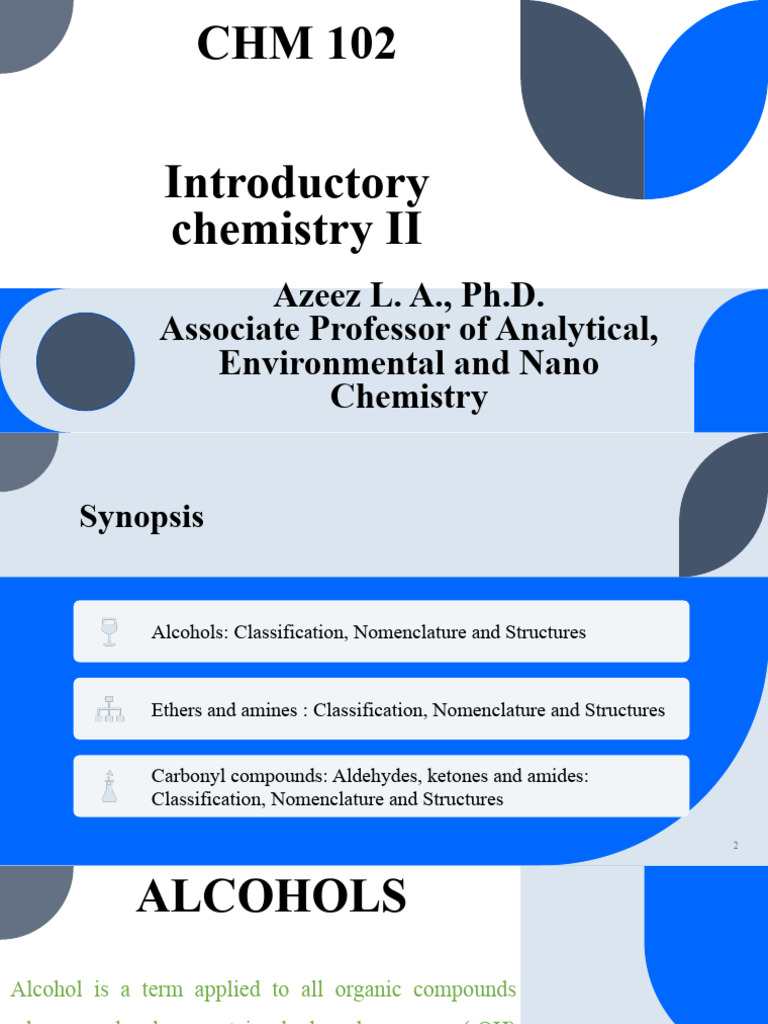 CHM 102 Alcohols, Ethers and Carbonyl Compounds | Download Free PDF | Amine | Ether