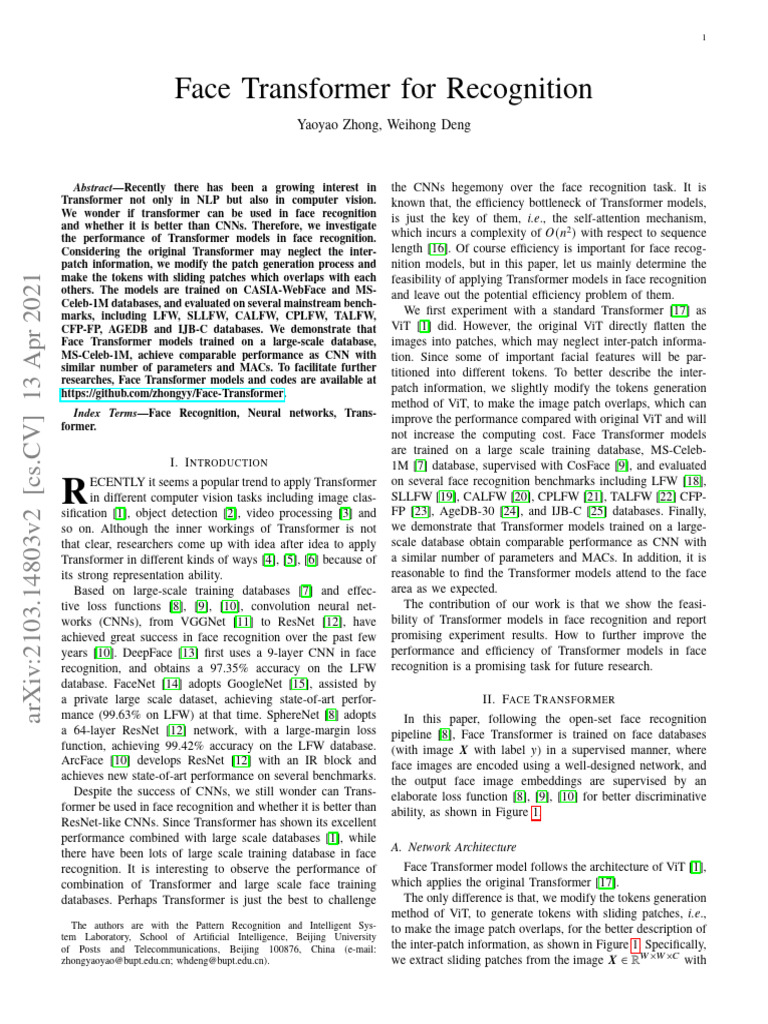 Face Transformer For Recognition | PDF | Artificial Intelligence ...