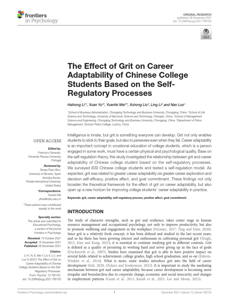 The Effect of Grit On Career - Adaptability of Chinese College ...