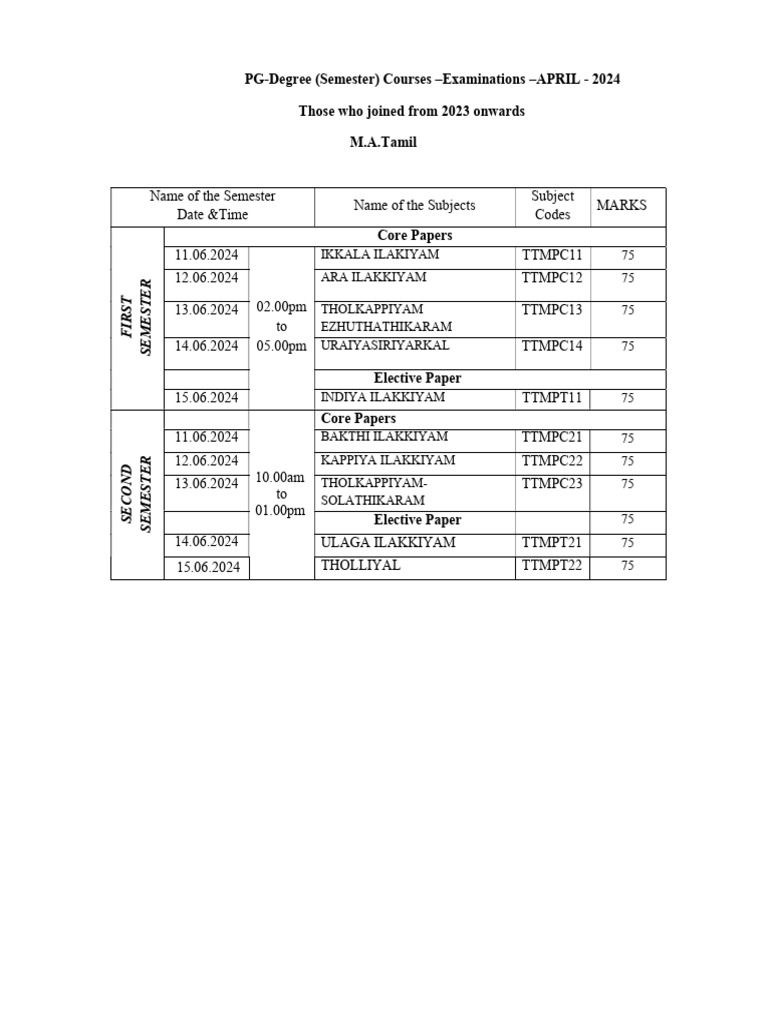 PG April 2024 Semester Time-Table (Join in 2023 Onwards) | Download ...