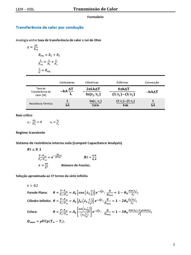 Formulario TC | PDF | Condução térmica | Química Física