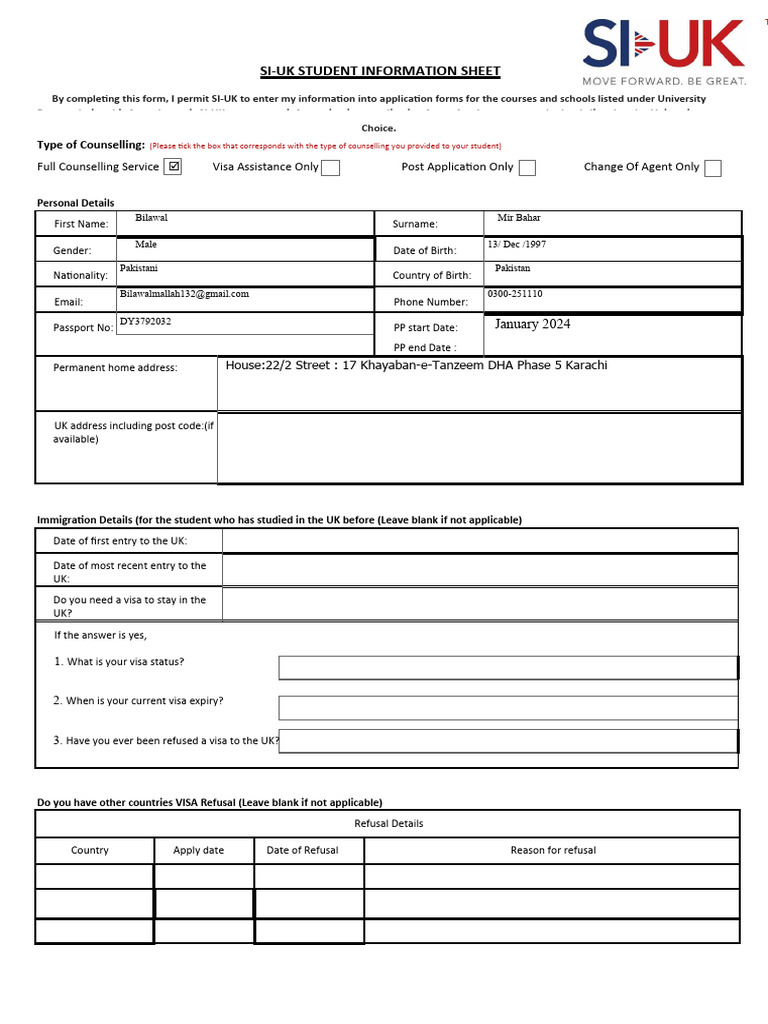 SI-UK Student Information Form | PDF | Travel Visa | Government And ...