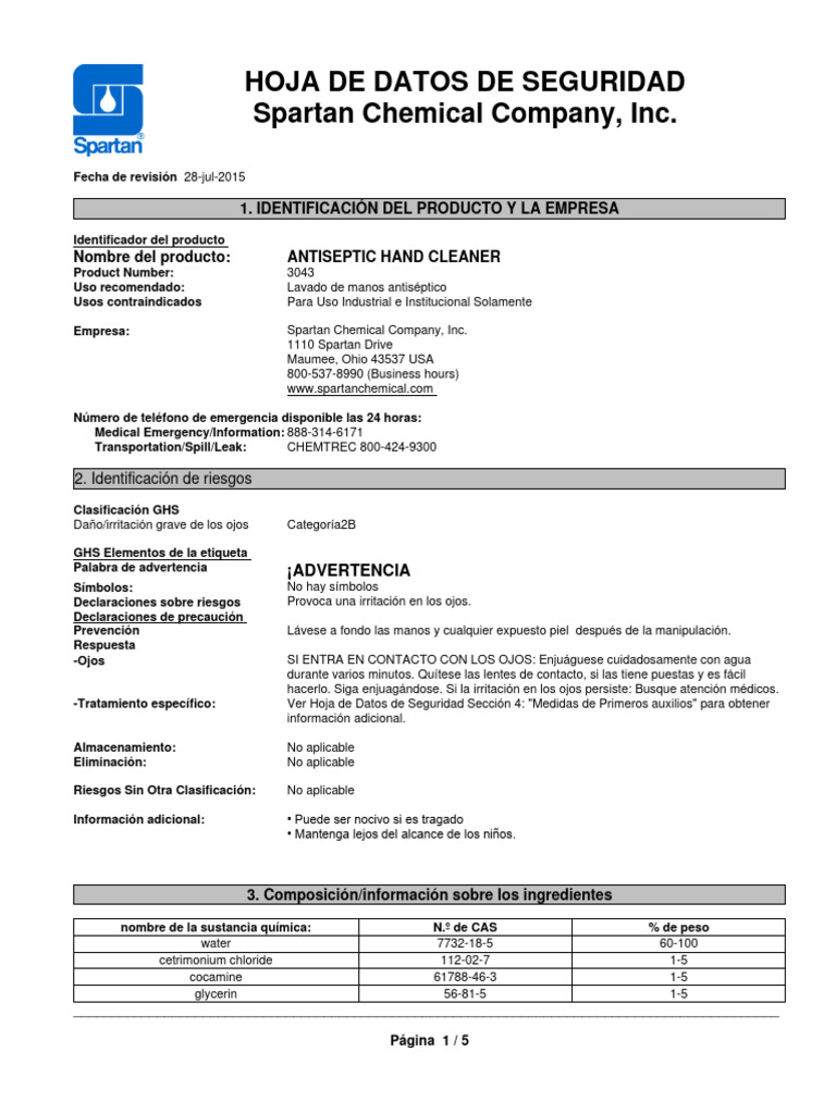 Hoja de Datos de Seguridad de HAND CLEANER-302 | PDF | Combustión | Agua