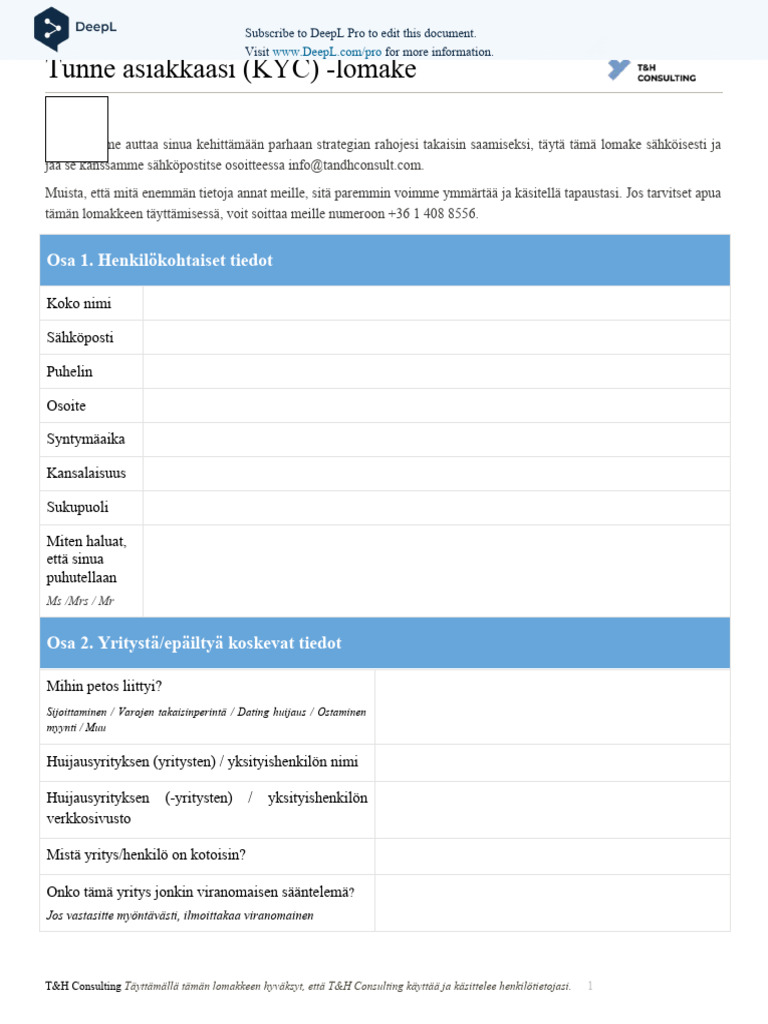 KYC Form - T&H Consulting - Finnish | PDF