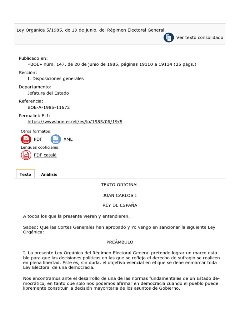 BOE-A-1985-11672 Ley Orgánica 5-1985, de 19 de Junio, Del Régimen Electoral General. | PDF ...
