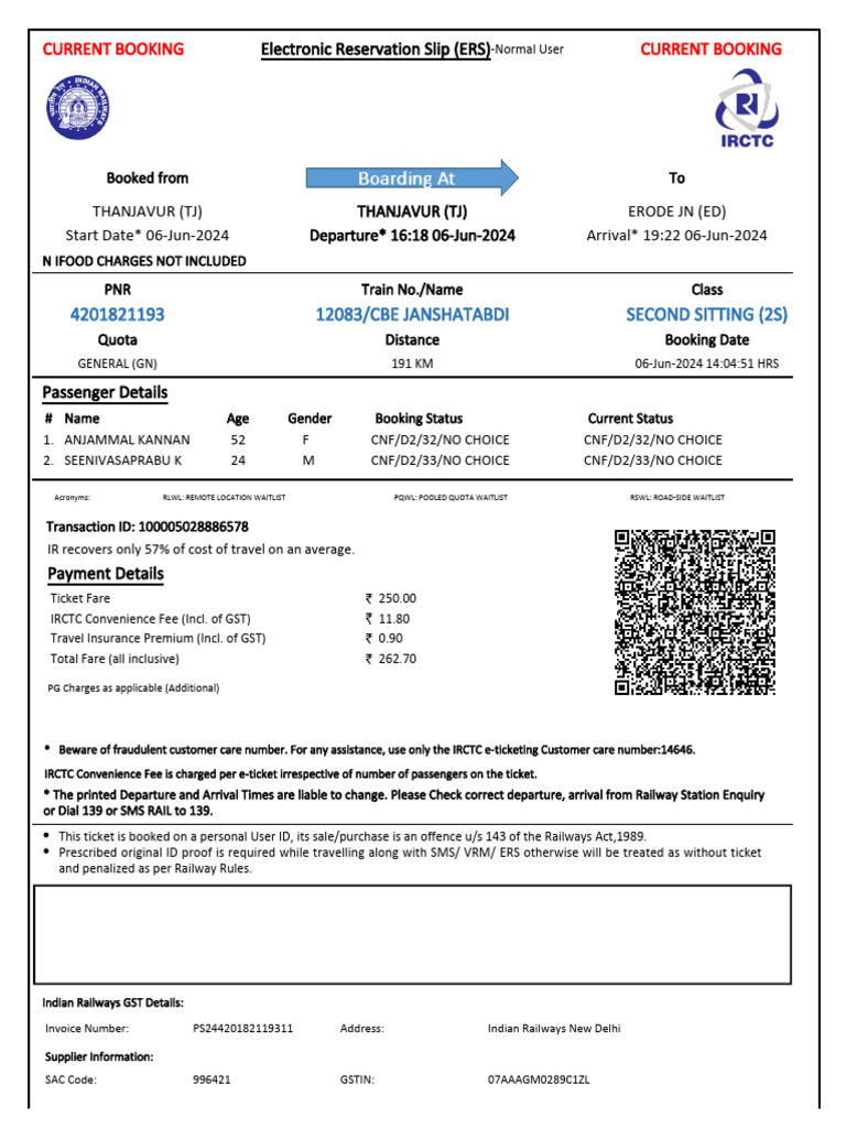 12083/cbe Janshatabdi Second Sitting (2S) | PDF | Identity Document