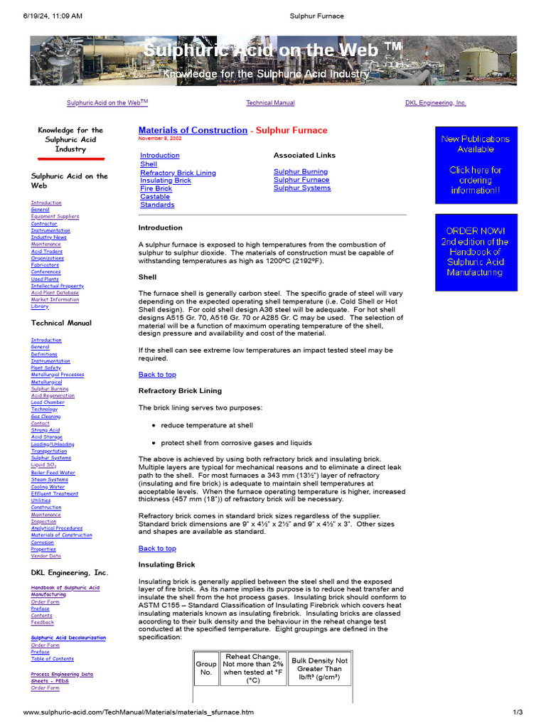 Sulphur Furnace | PDF | Refractory | Brick