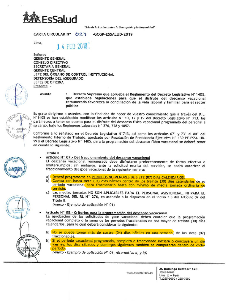 Carta Circular N 027-Gcgp-Essalud-2019 Vacaciones Decreto Supremo Que ...