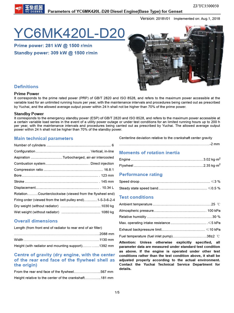 MKL40 4003210 02 YC6MK420L D20发电用柴油发动机基本型配套参数表2018V01英文版 | PDF | Diesel Engine | Engines