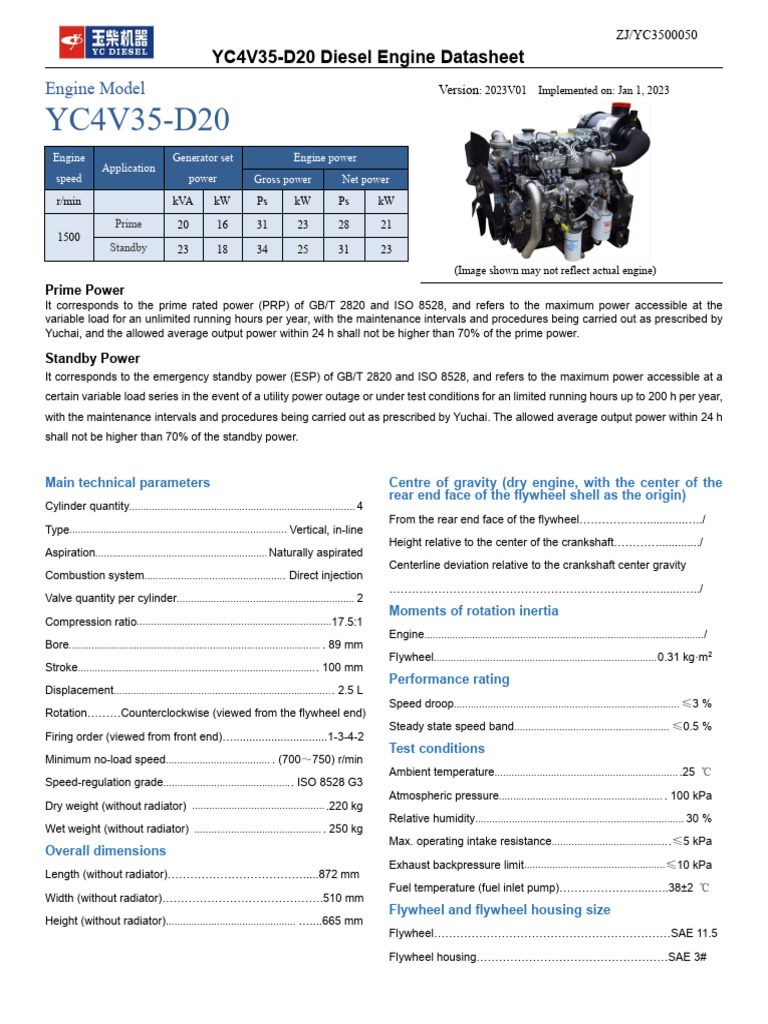 20kVA-YC4V35-D20 Engine Datasheet-2023v01 | PDF | Diesel Engine | Fuel Injection
