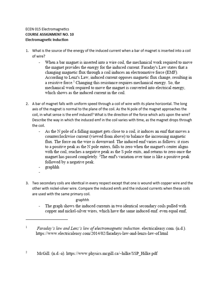 Electromagnetic Induction Assignment Guide | PDF | Electromagnetic ...