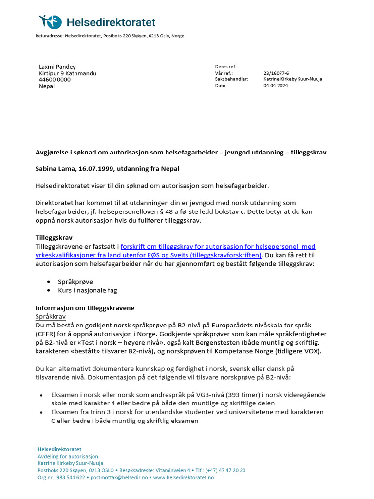 23 - 16077-6avgjørelse I Søknad Om Autorisasjon Som Helsefagarbeider ...