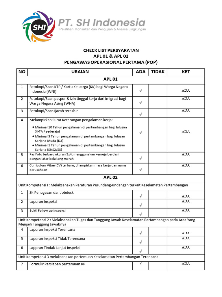 CHECK LIST PERSYARATAN PESERTA POP | PDF