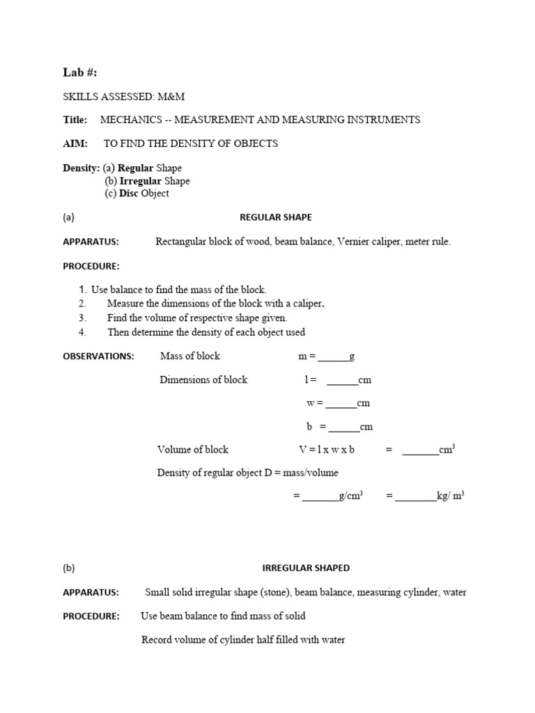 Density Experiment (Lab Manual) | PDF | Density | Volume