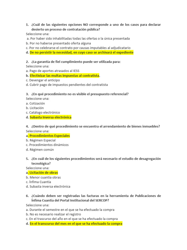 Recopilación de Preguntas Examen Sercop | PDF | Subasta | Presupuesto