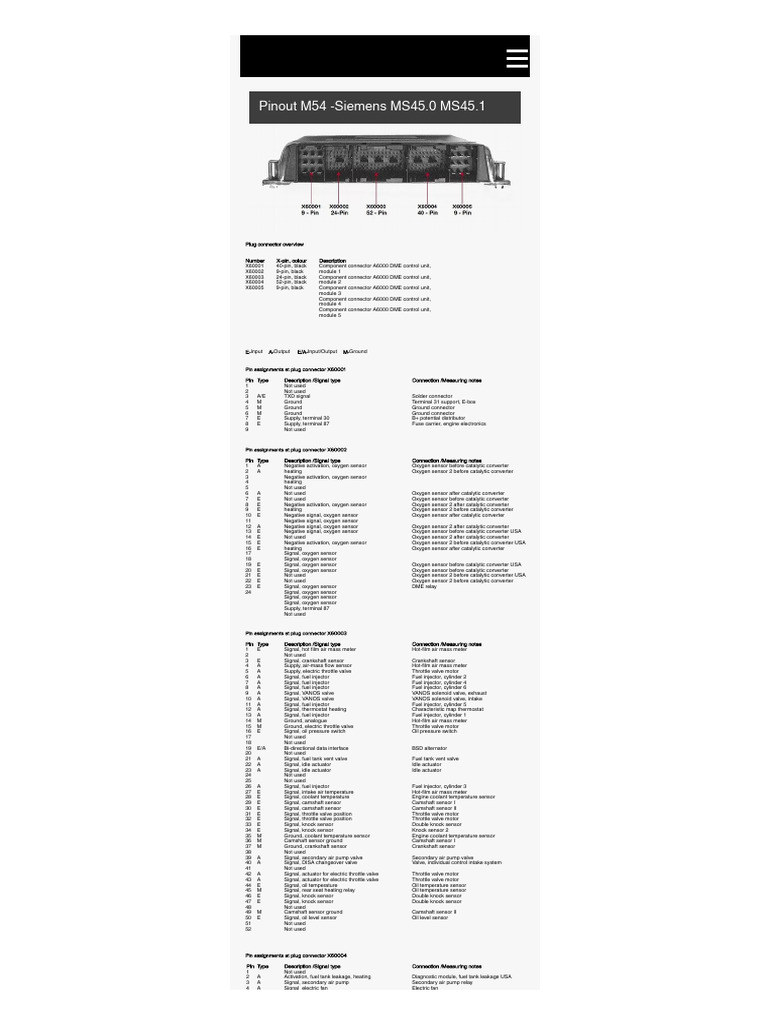 M54 MS45.0 Connector Pinout Guide | PDF | Throttle | Electrical Connector