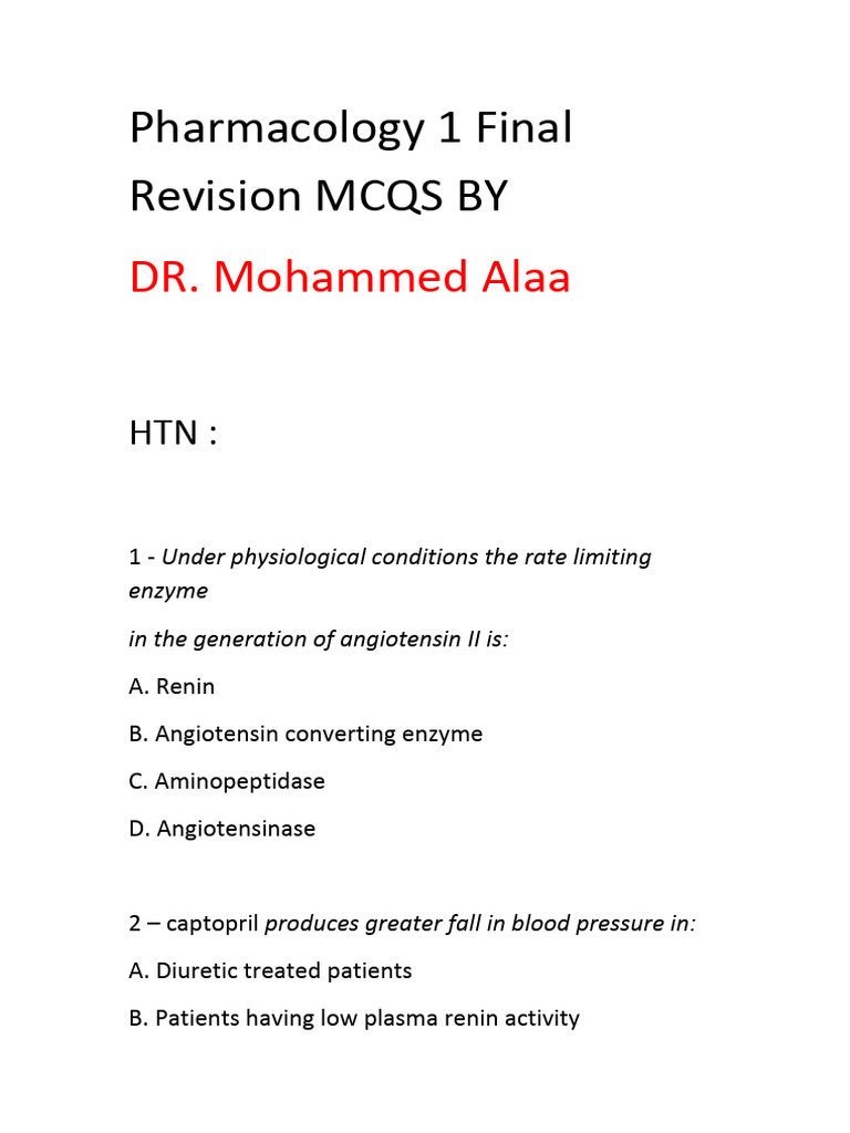 Pharmacology MCQs: Antihypertensive Drugs | PDF | Hypertension | Drugs